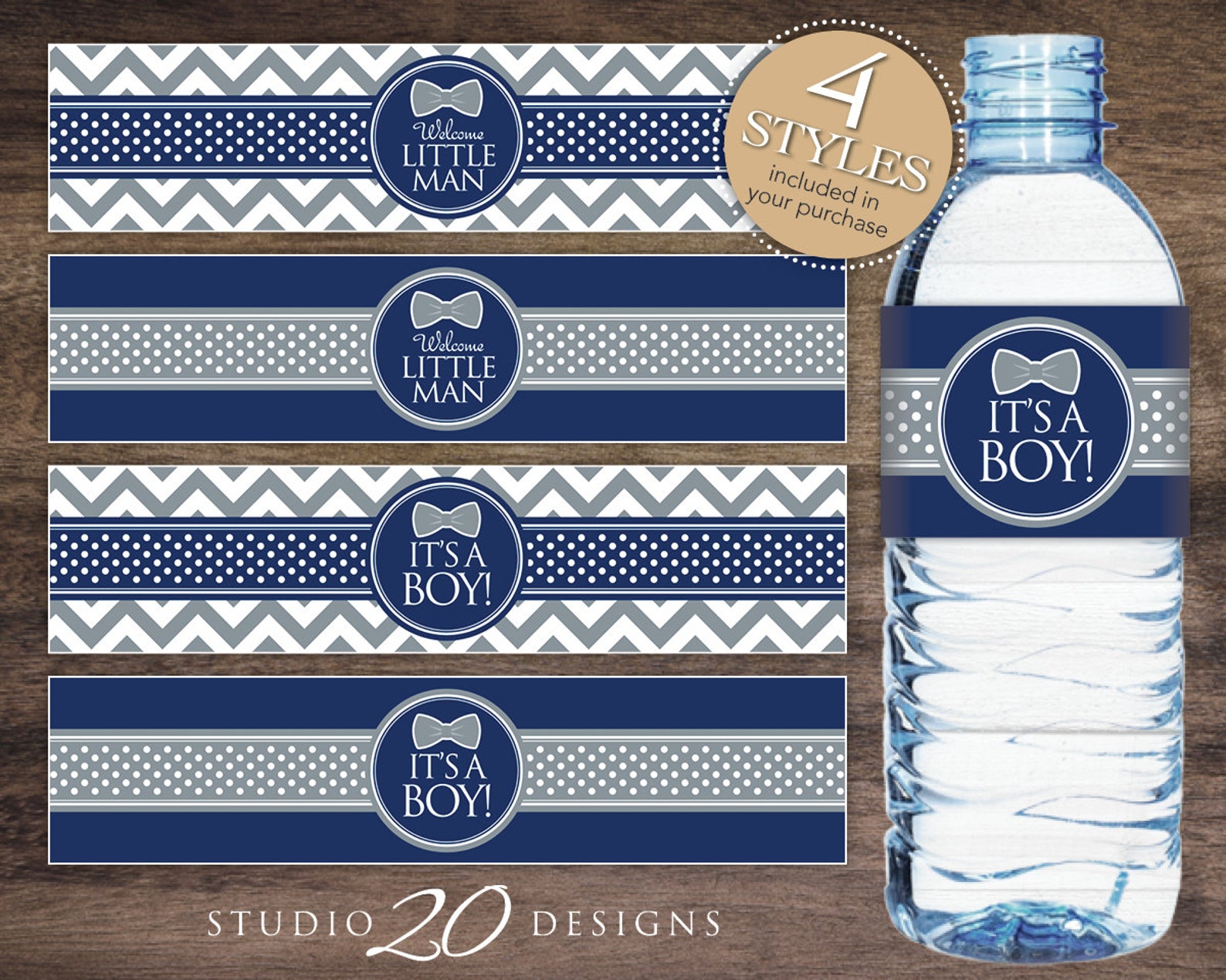 Instant Download Bow Tie Water Bottle Labels Grey Navy | Etsy