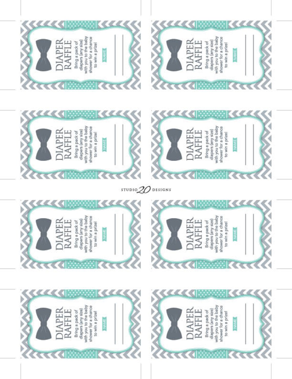 Instant Download Bow Tie Diaper Raffle Cards Printable Aqua - Etsy