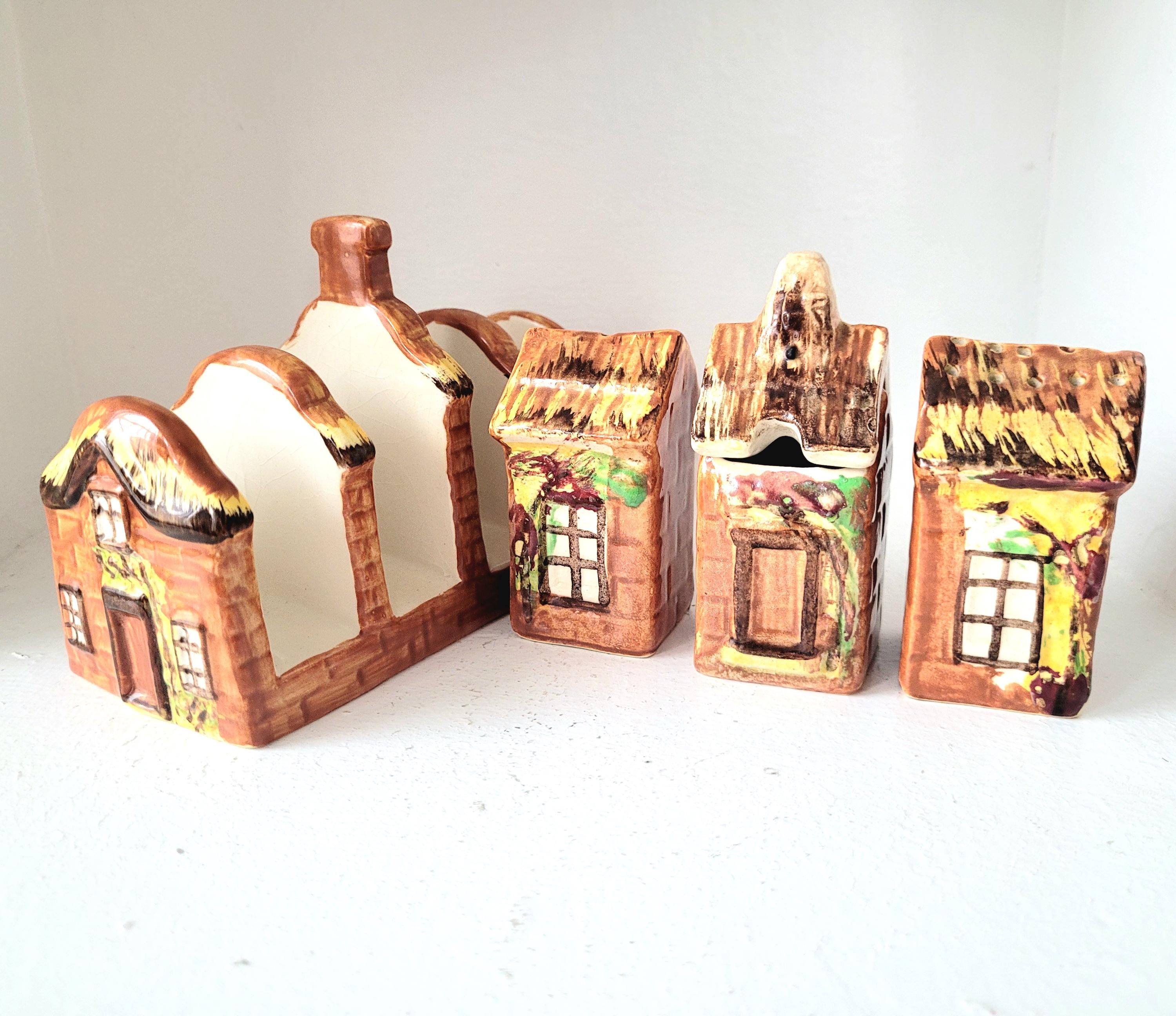 Vintage Ye Olde Cottage Price Bros Salt Pepper Shakers Mustard Jar 4 ...
