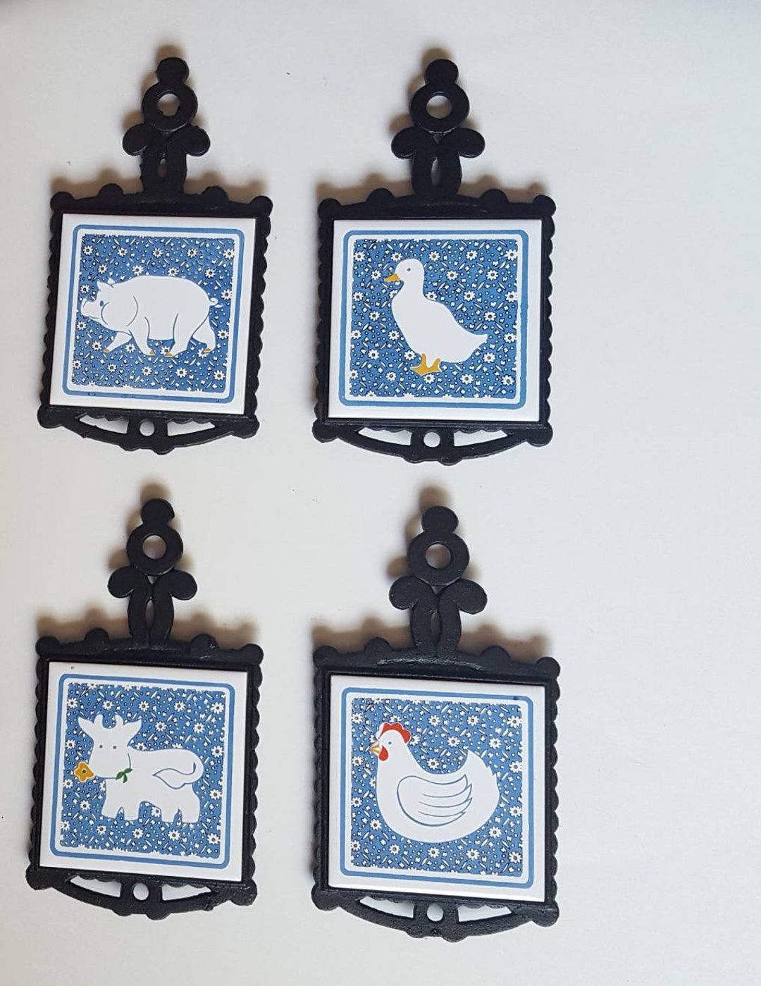 Farm Animal Trivet Cathay Tile & Cast Iron Chicken Cow Pig Duck Vintage ...