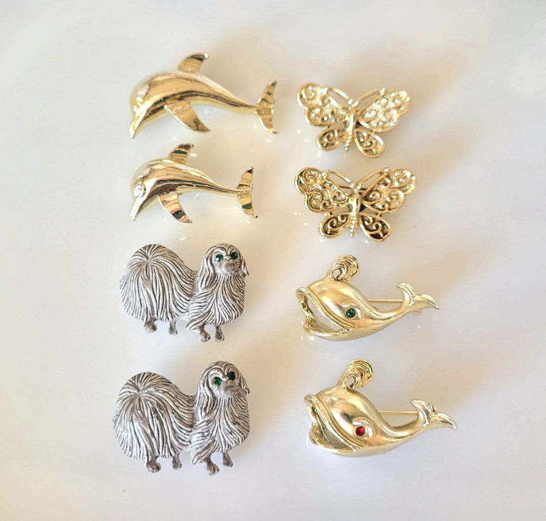 Pekingese Dog, Whale, Butterfly, Dolphin Vintage Brooch Small Set ...