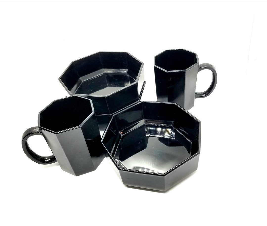 Black Amethyst Glass Coffee Mug Octagon Cereal Bowl Set Arcoroc Octime ...