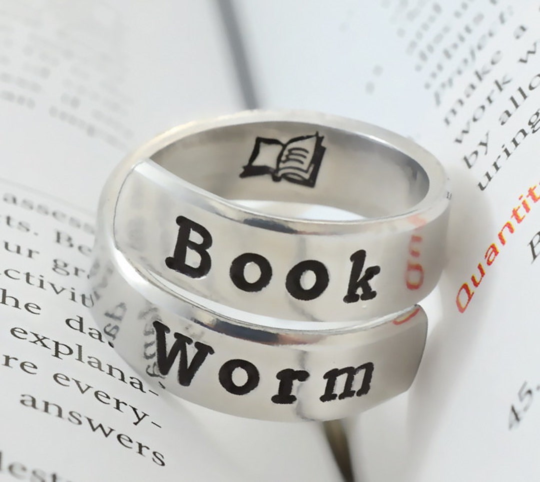 Book Worm - Hand Stamped Aluminum Spiral Wrap Ring, Geeky Ring, Gift ...