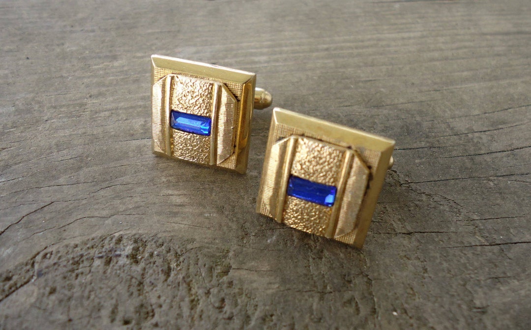 Gold Tone Cuff Links With Blue Baguette Stones - Etsy