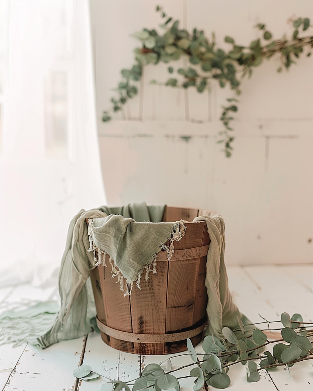 Set of 3 Newborn Digital Backdrops Wooden Bucket With Greenery - Etsy