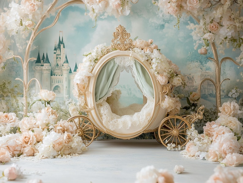 Princess Carriage Set of 3 Newborn Digital Backdrops Castle, Flowers ...