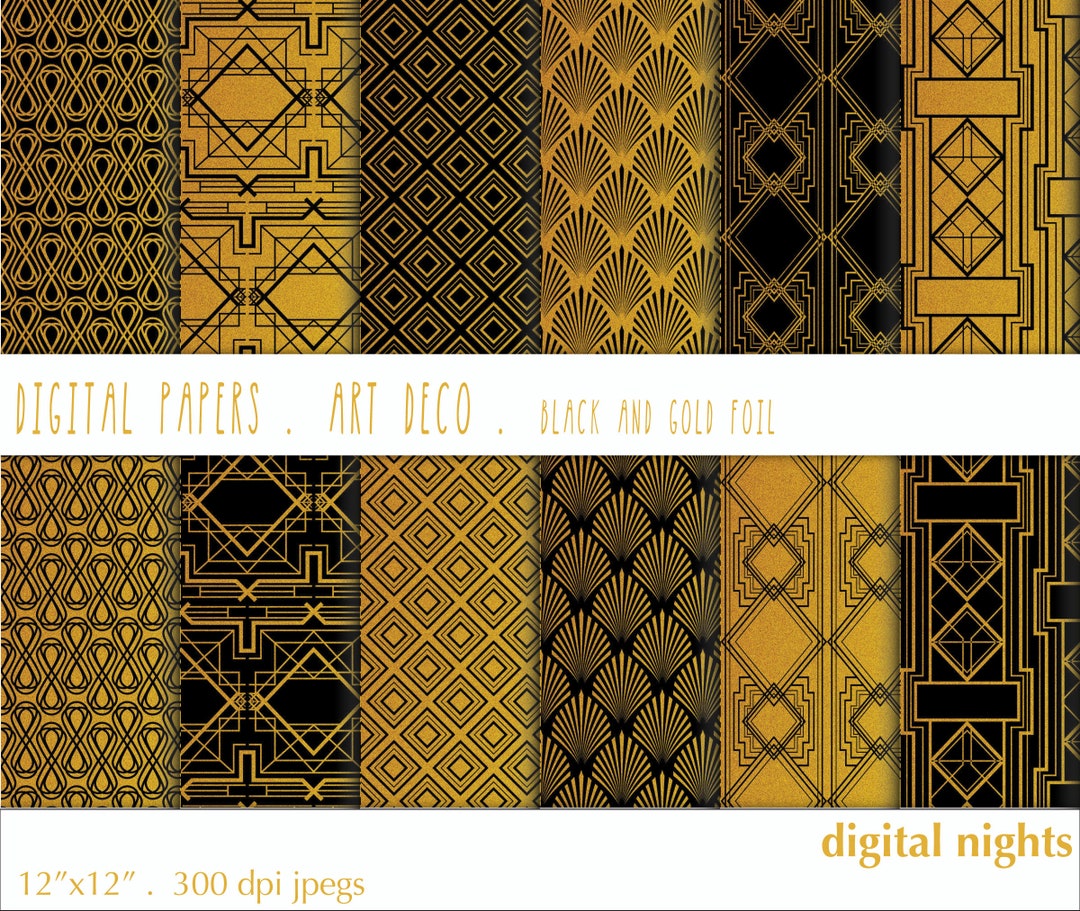 Black & Gold Art Deco Digital Paper: 12"x12" Printable (instant ...