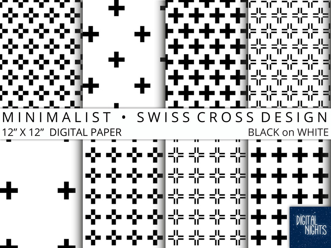 Minimalist Swiss Cross Design - Black on White, Digital Paper, 12"x12 ...