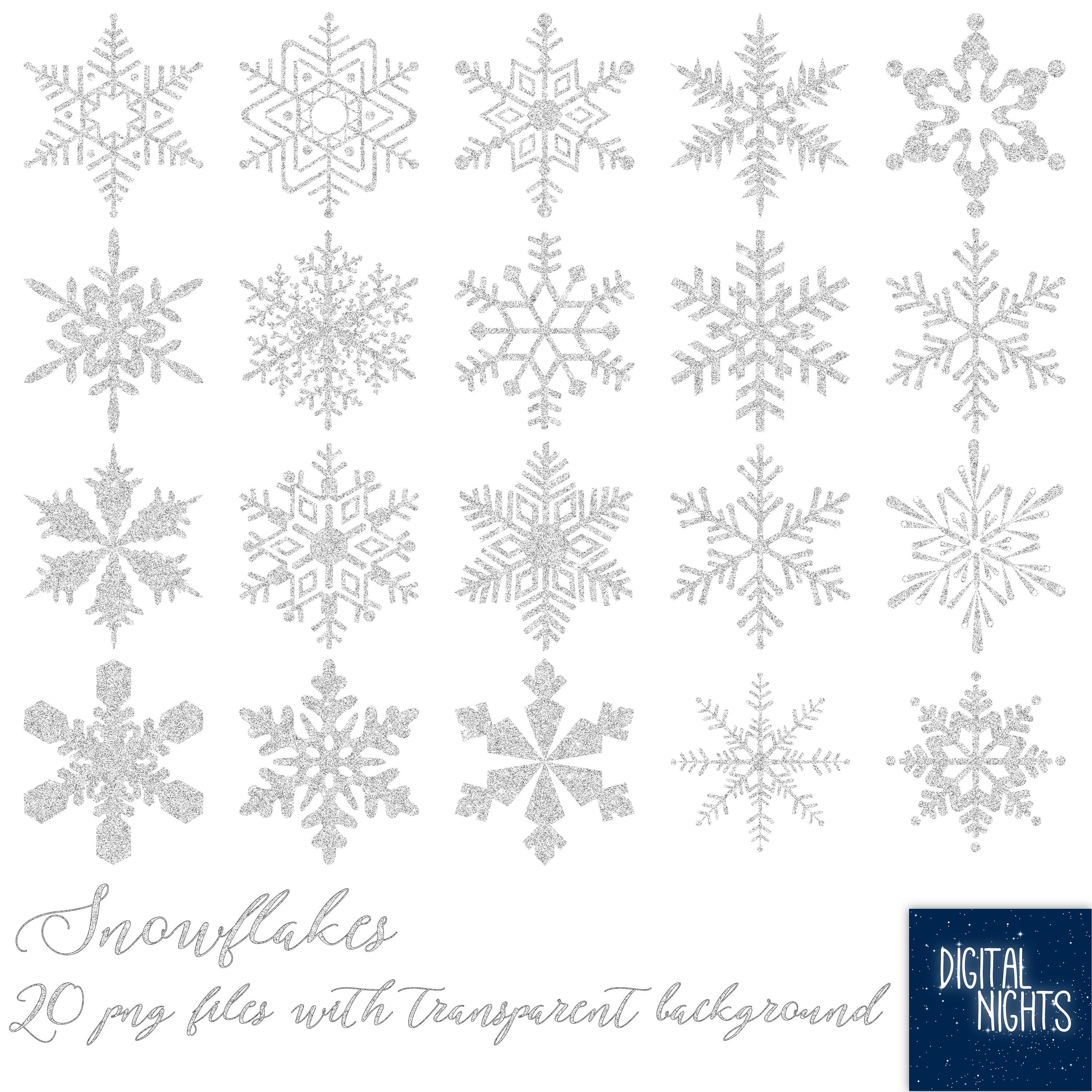 Glitter Snowflakes Clipart Winter Graphics Silver Glitter | Etsy