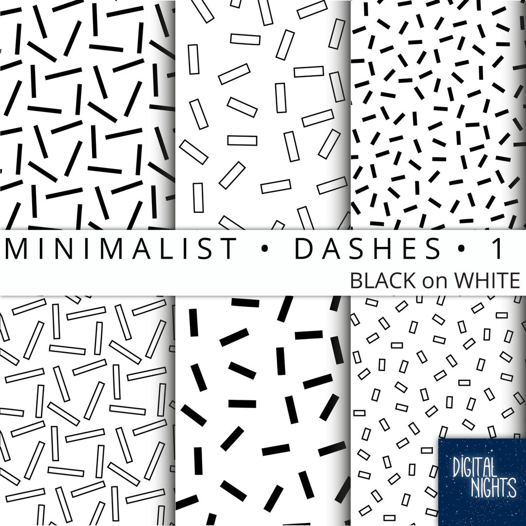 Minimalist Dashes - Set 1 - Black on White, Digital Paper, 12"x12", 300 ...