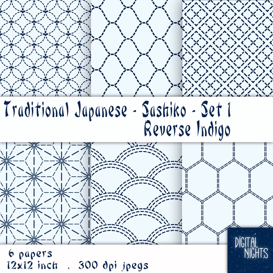 Japanese Reverse Sashiko-style in Indigo - Set 1, Digital Paper, 12'x12 ...