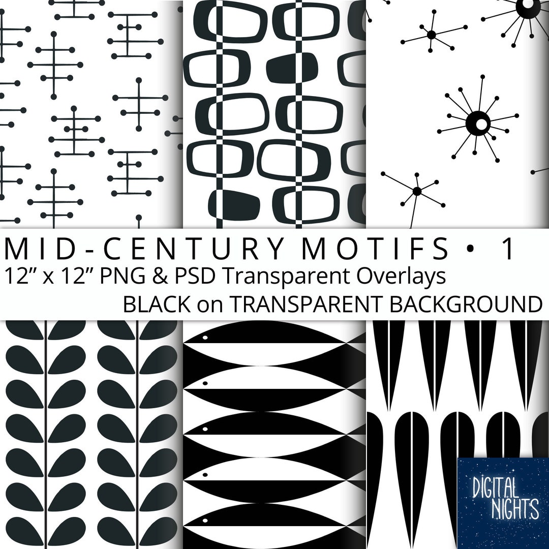 Mid-century Modern Digital Paper: Black Motifs, Transparent Overlays ...