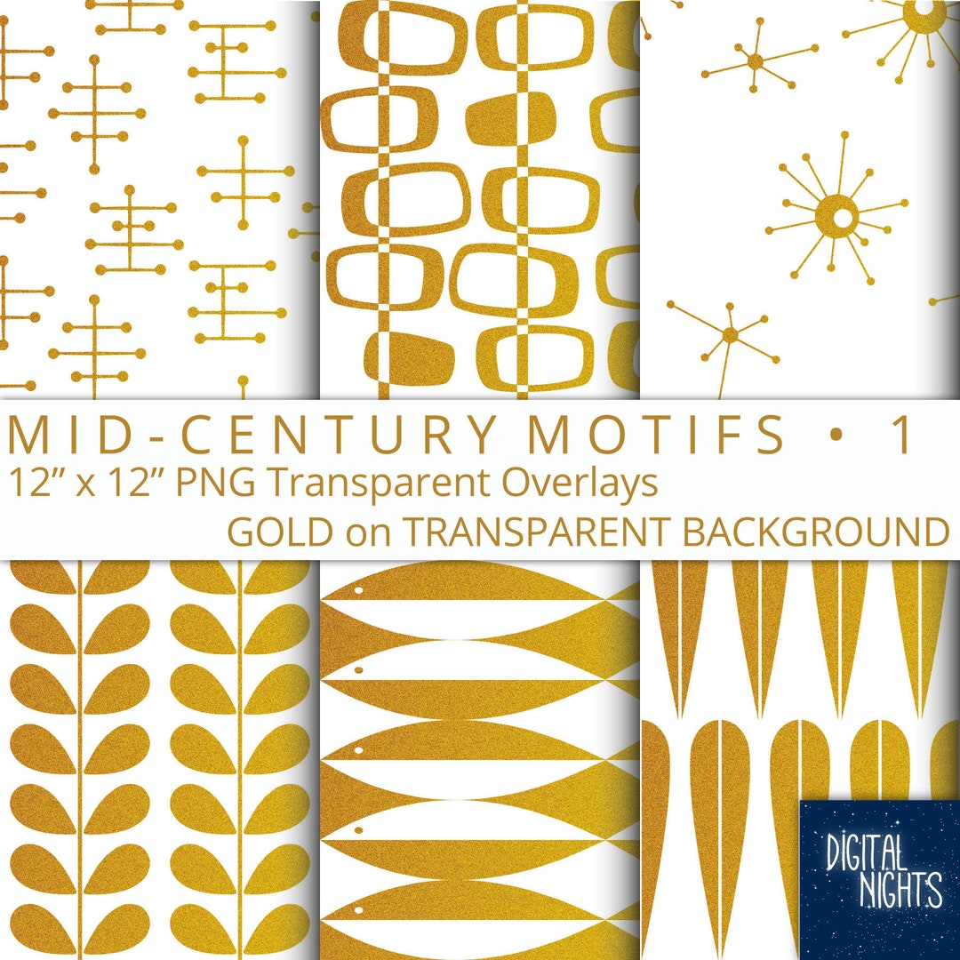 Mid-century Motifs Gold on Transparent Background Digital - Etsy
