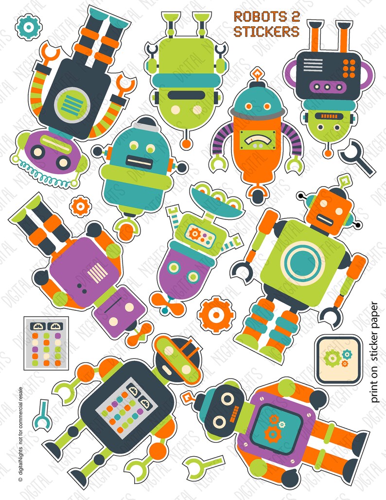 Robots II Colorful Robots Printable Sticker Set of 10 - Etsy