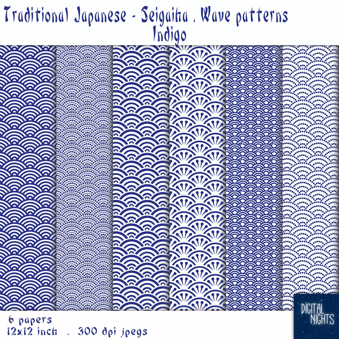 Japanese Seigaiha in Indigo Blue & White, Digital Paper Seigaiha, 12 ...