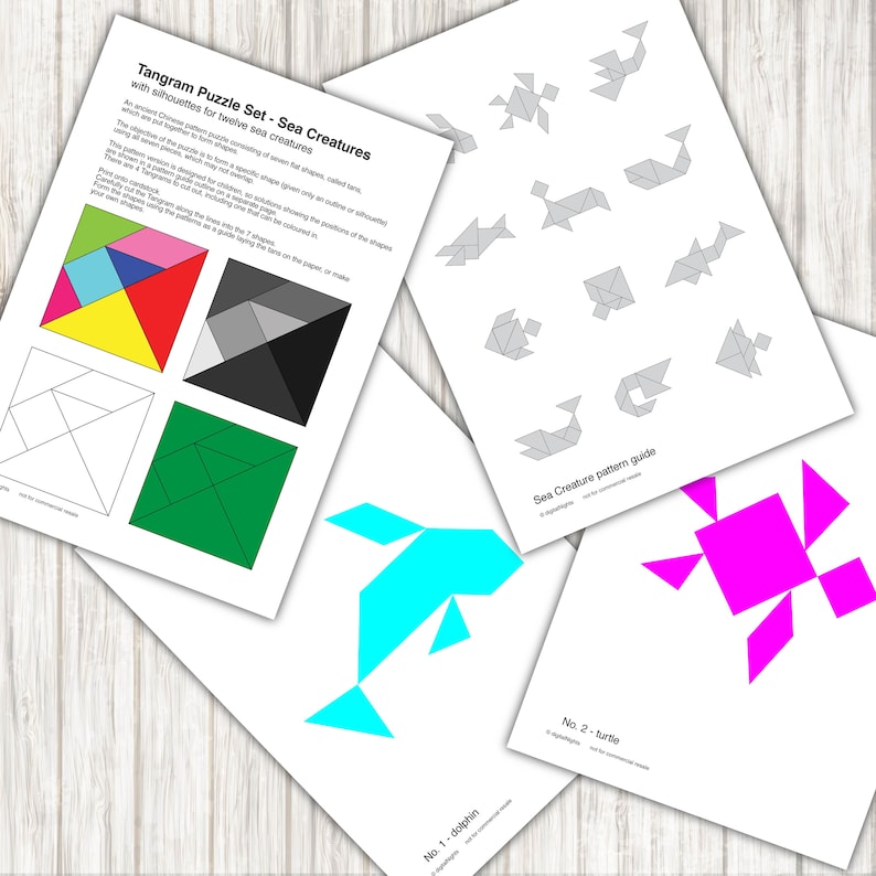 Sea Creatures Tangram Puzzles - 12 Sea Animal Patterns - PDF, Printable ...