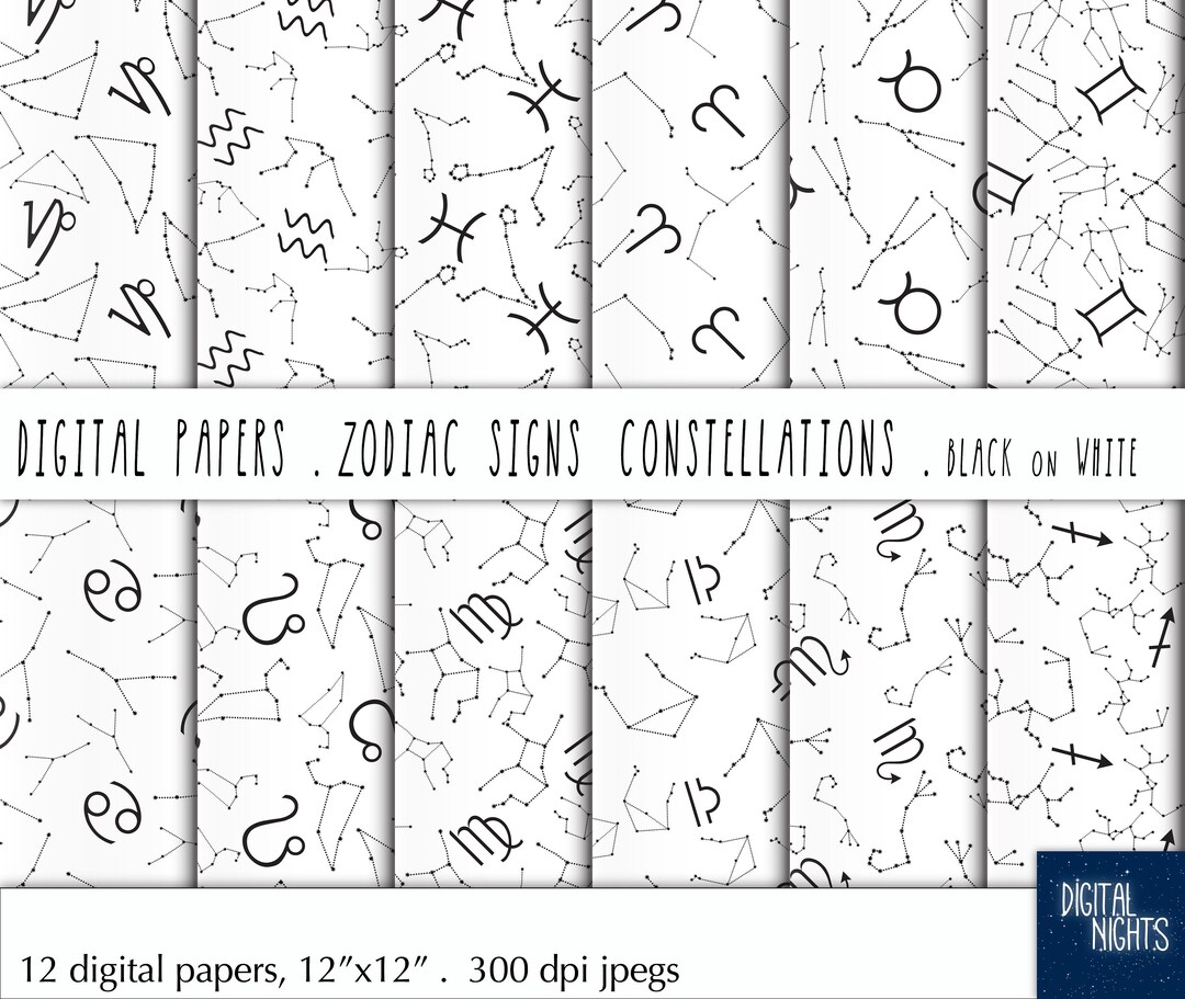 Zodiac Constellations Digital Paper: Black and White Seamless Patterns ...