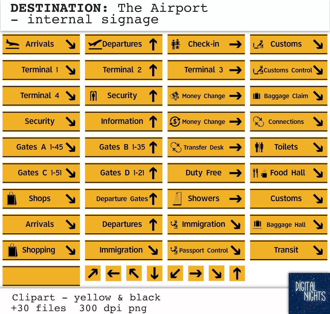 DESTINATIONS: the Airport - Internal Signs - Yellow & Black Clipart ...