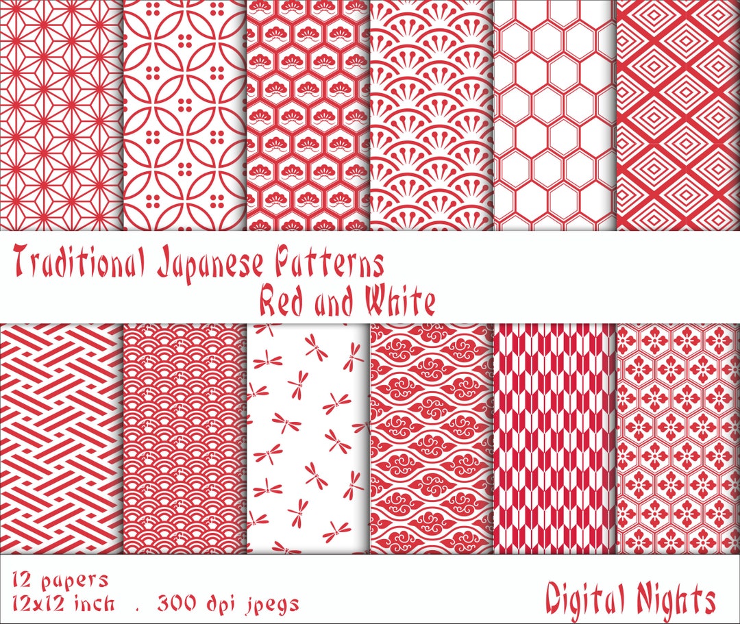 Traditional Japanese Patterns - Red & White Digital Paper, 12"x12", 300 ...