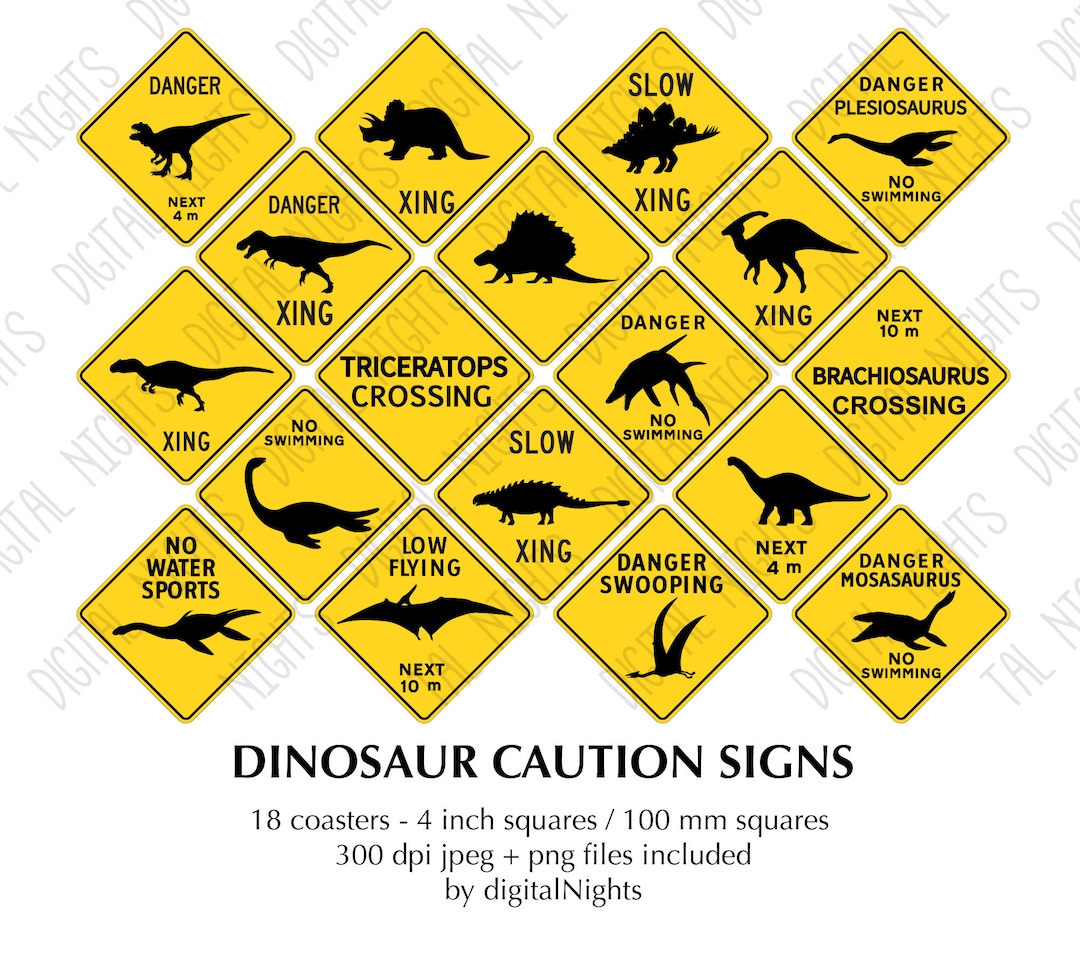 Printable Coasters - Dinosaur Caution Signs - 18p Set - Clipart ...