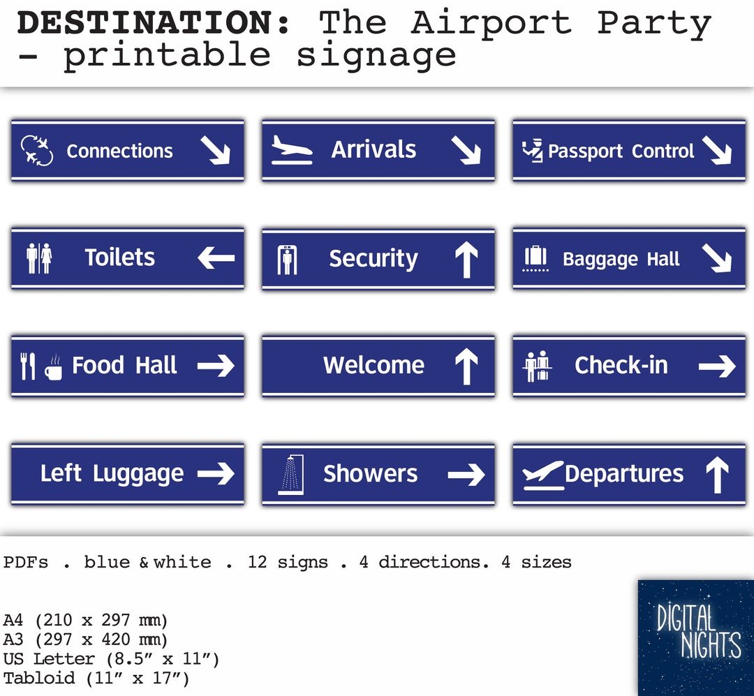 Airport Party Signs: Blue & White Theme, Printable PDF Decorations ...