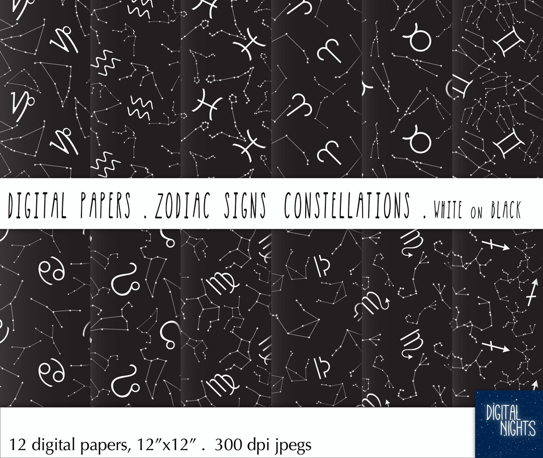 Zodiac Constellations Seamless Digital Paper: White on Black (12"x12 ...
