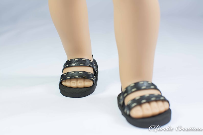 18 Inch Doll SANDALS SHOES Flip Flops in Black Faux Leather With Double ...