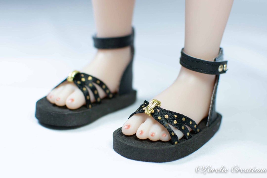Ruby Red Fashion Doll Shoes SANDALS Flats in BLACK and GOLD Ribbon and ...