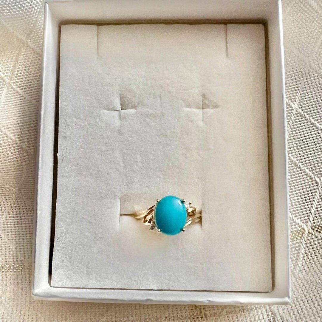 Vintage 14K Gold Turquoise Ring W Two Diamond Accents, Dainty Ring Size ...