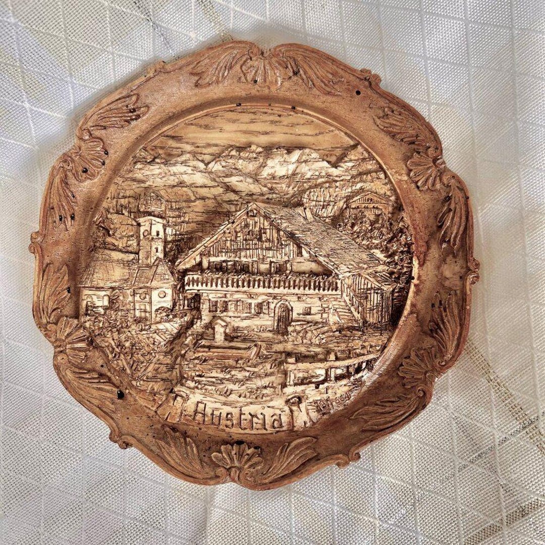 Vintage Austrian 3D Plate Decor, Faux Wood Carved Resin or Pottery ...