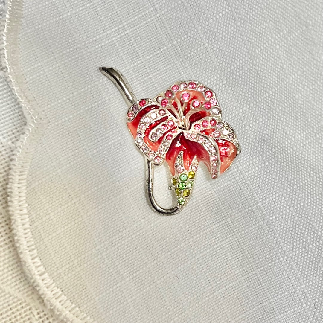Vintage Monet 3D Enamel Orchid Floral Brooch, Green & Pink Rhinestone ...