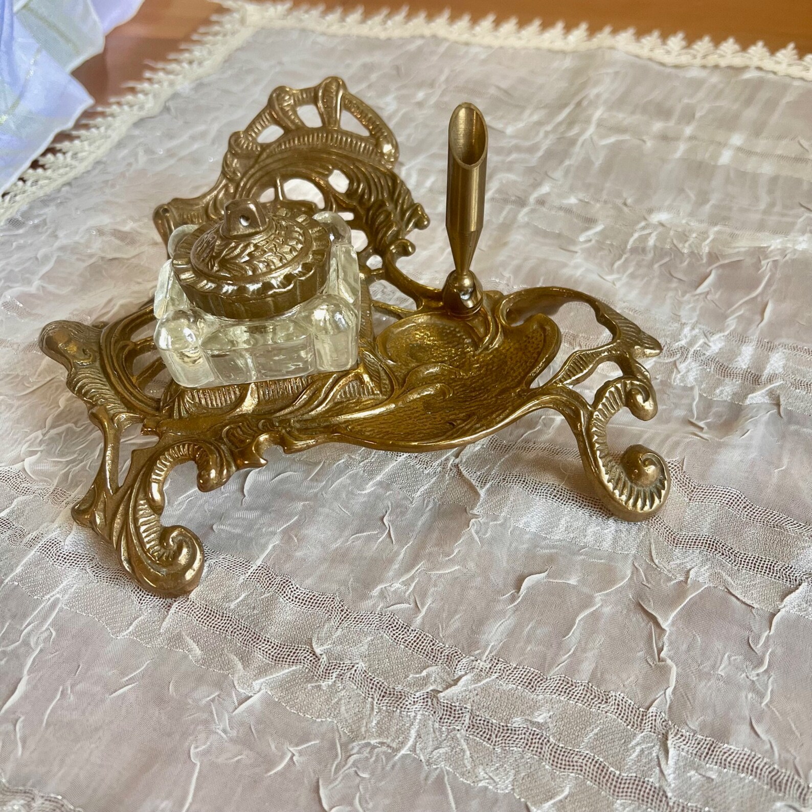 Vintage Brass Glass Inkwell, Victorian Style Desk Decor, Vintage ...