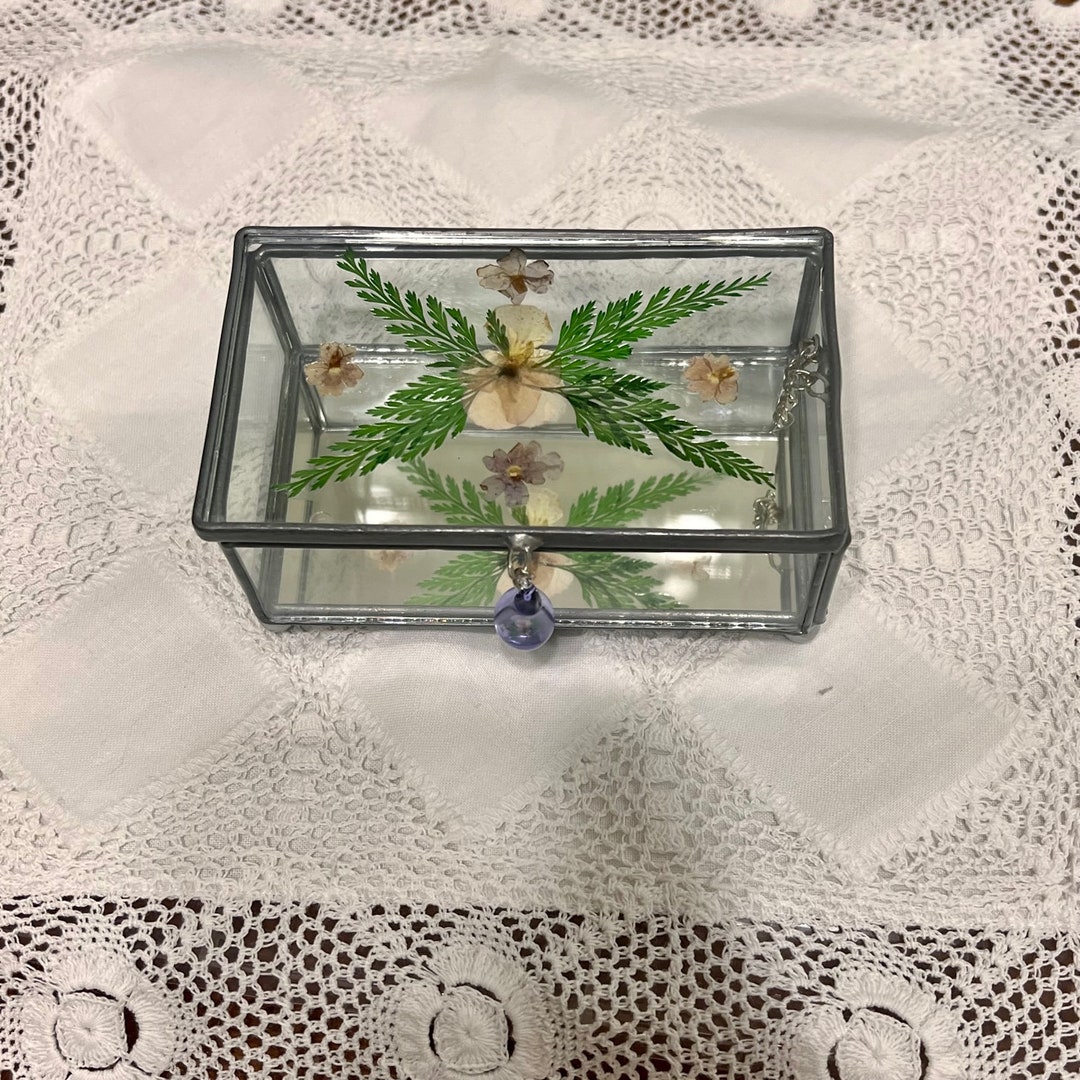 Vintage Jewelry Box, Glass Trinket Box, Pressed Flower Jewelry Box ...