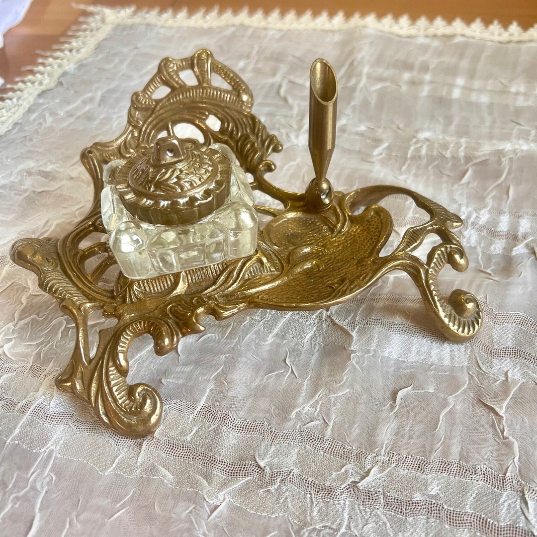 Vintage Brass Glass Inkwell, Victorian Style Desk Decor, Vintage ...