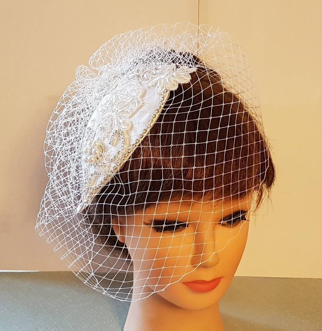 Bridal crystal hat & birdcage veil 2Pc bridal accessory | Etsy