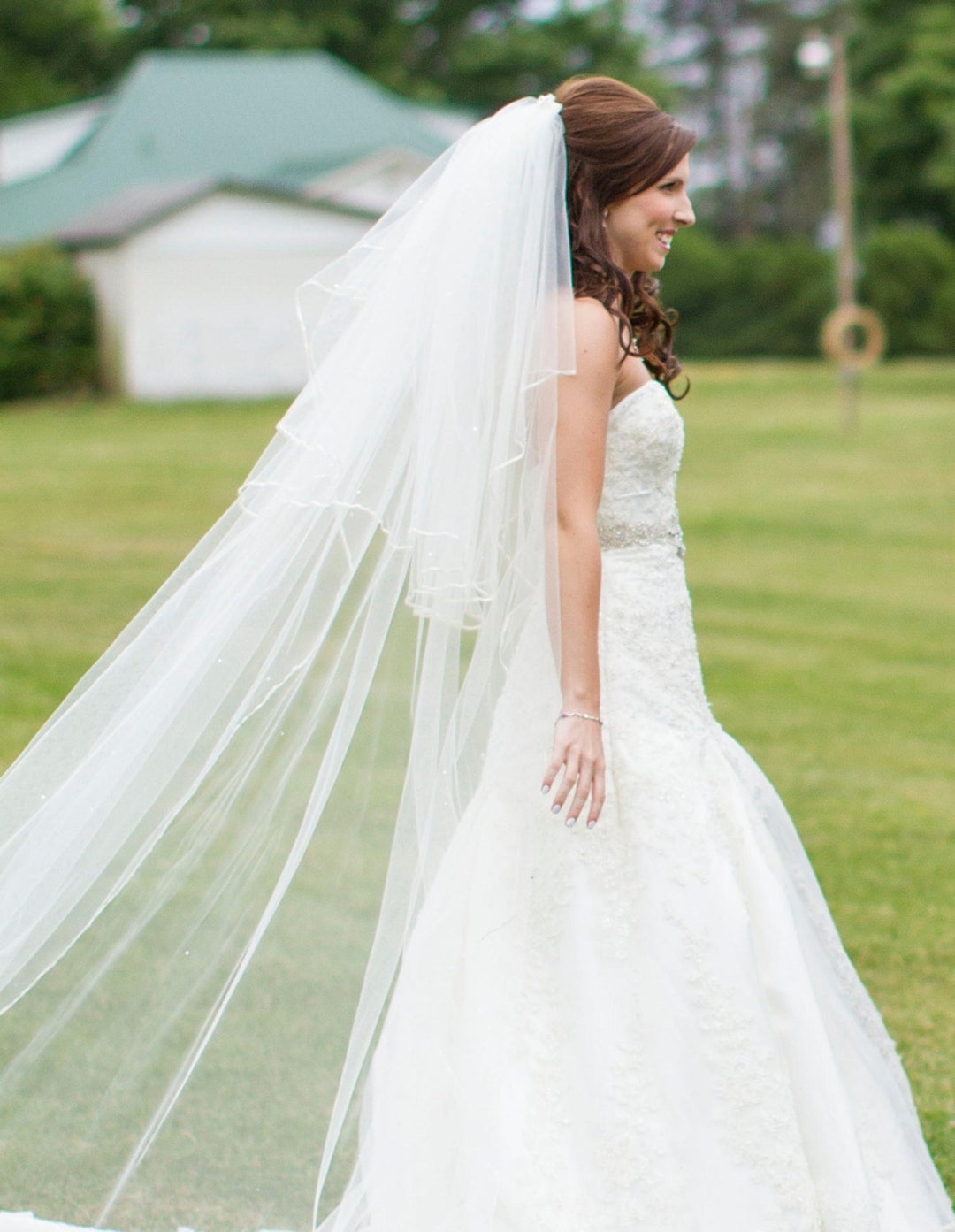 Shimmery Two-tier Wedding Veil: Floor Length, Pencil Edge, Detachable ...