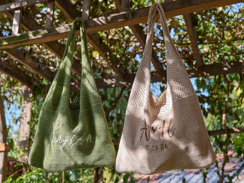Personalized Knitted Beach Bag With Embroidered Name, Bridesmaid Gifts ...