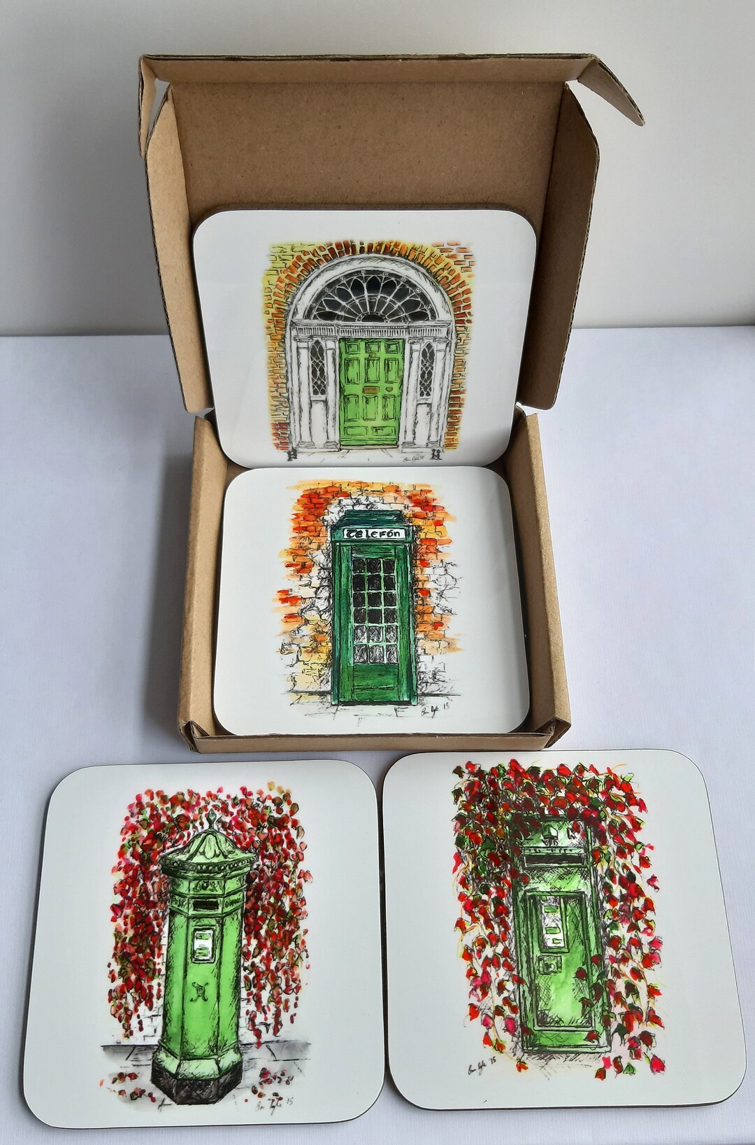 Irish Coaster Set Of Four Irlanda Verde Cabina telefónica Buzón de ...