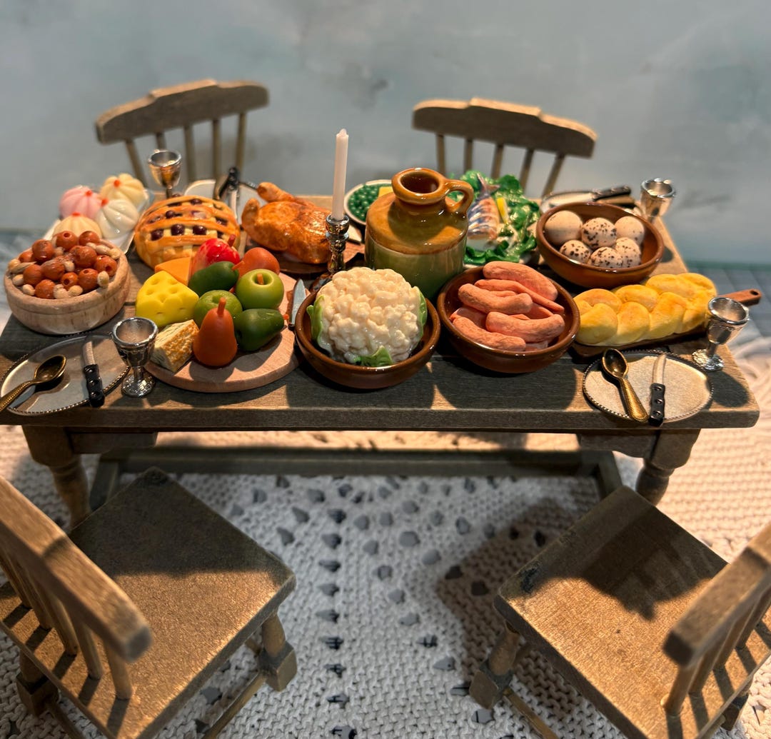Tudor Dollhouse Dining Set: 12th Scale Miniature Food & Chairs Included ...
