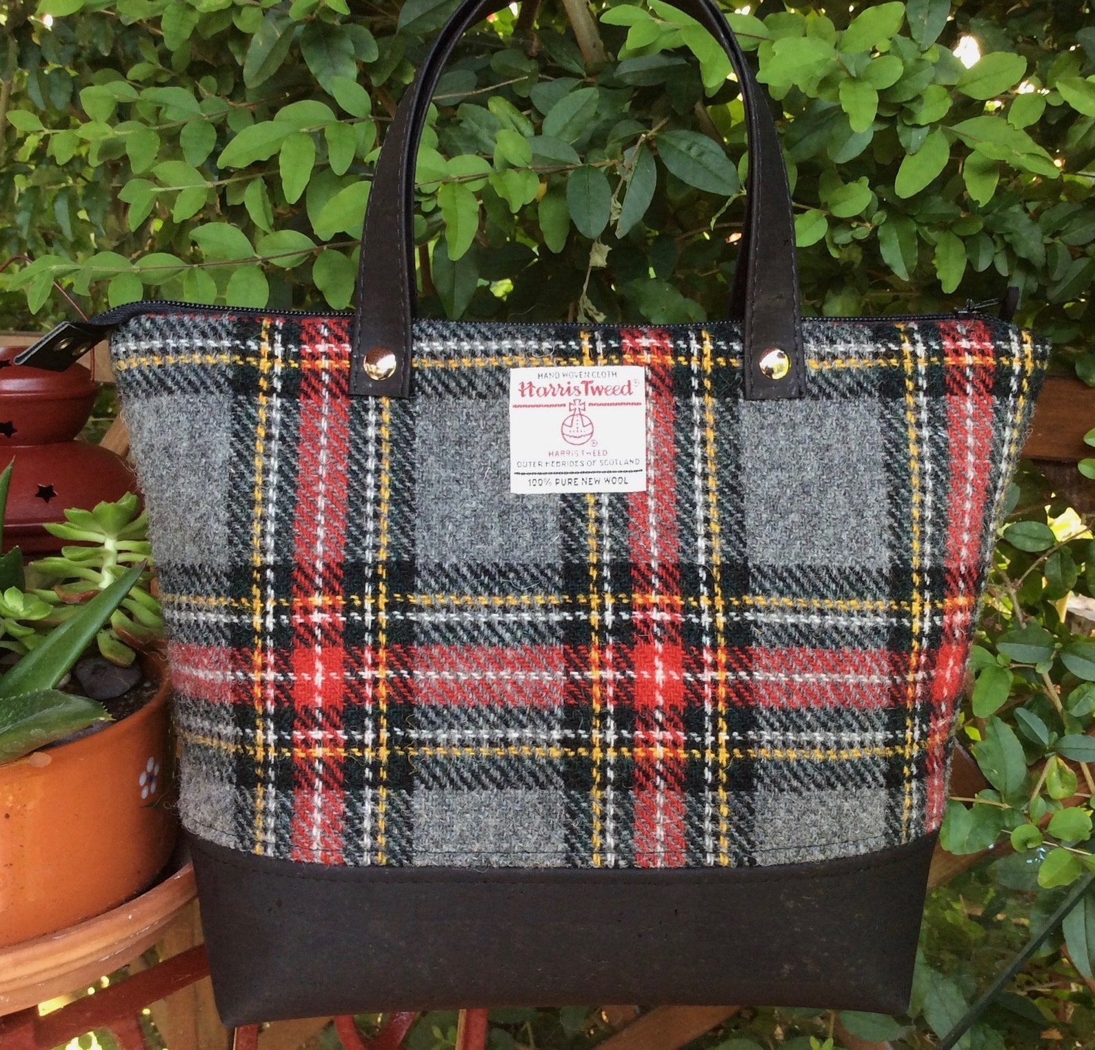 Grey and Red Harris Tweed Bag With Black Cork Accent Scottish - Etsy UK