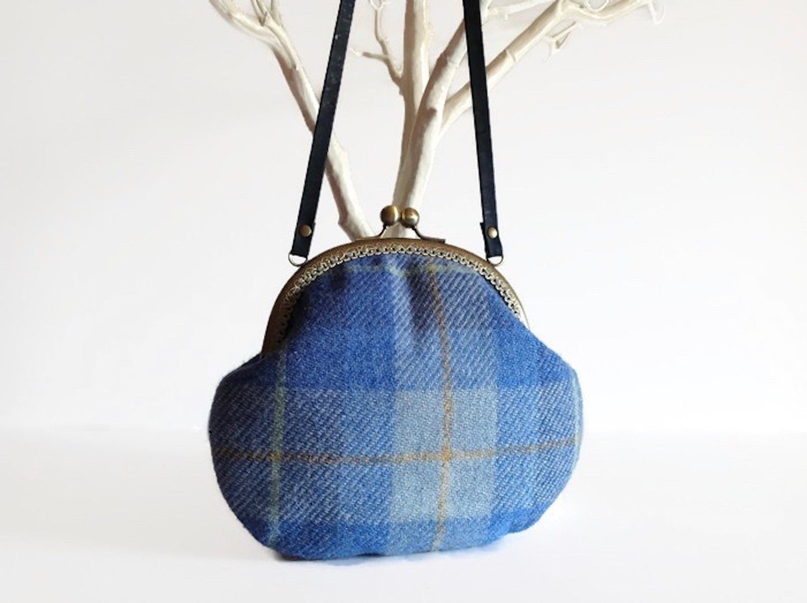 Blue Harris Tweed Crossbody Purse, Blue Tweed Bag With Cork Strap, Gift ...