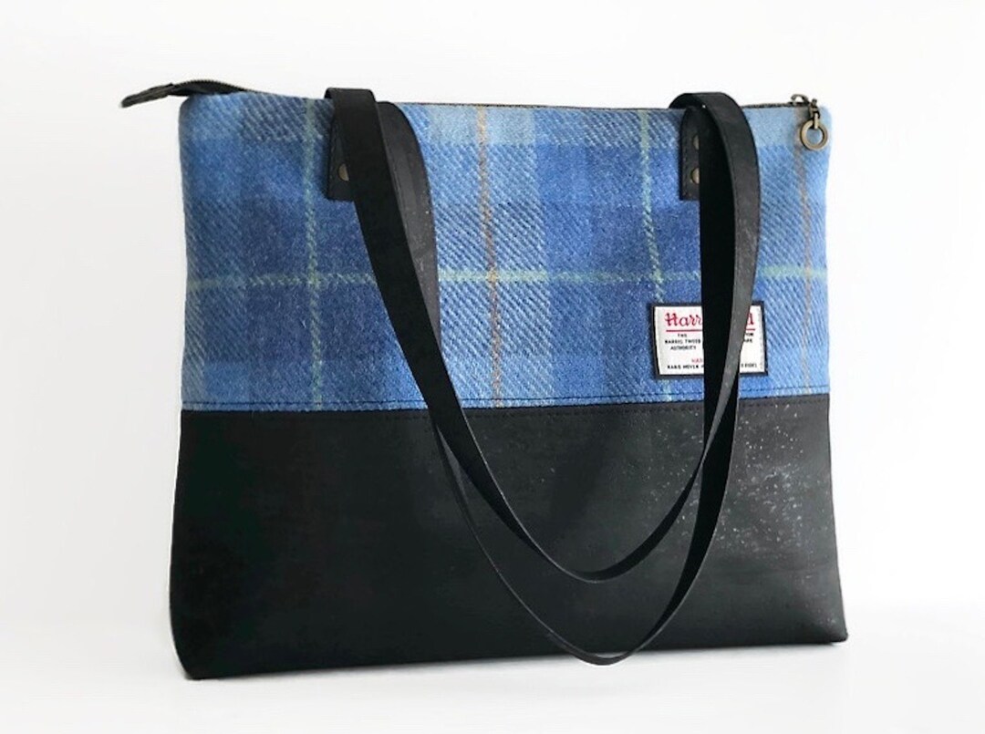 Blue Harris Tweed Bag, Black Cork Bag, Tartan Wool, Shoulder Bag - Etsy