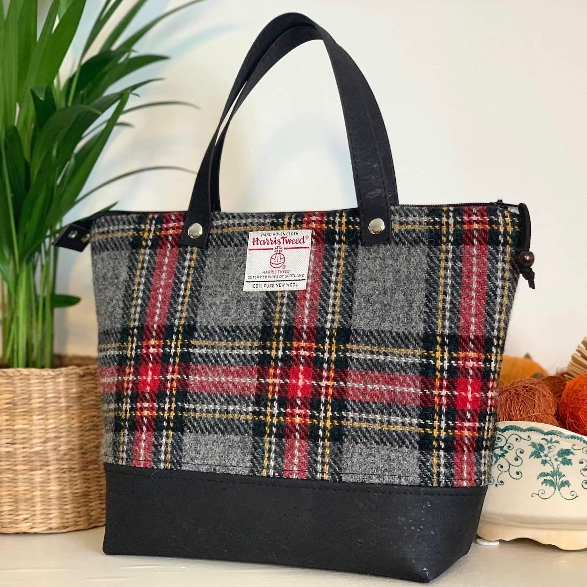Grey and Red Harris Tweed Bag With Black Cork Accent Scottish | Etsy UK