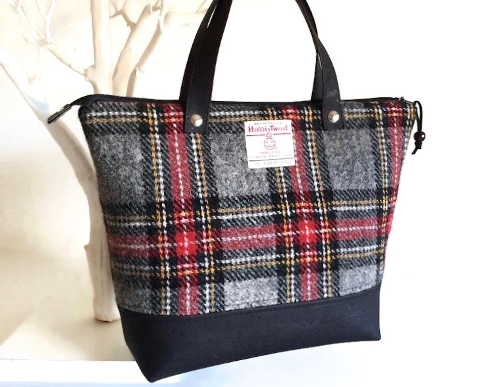 Grey and Red Harris Tweed Bag With Black Cork Accent Scottish | Etsy UK