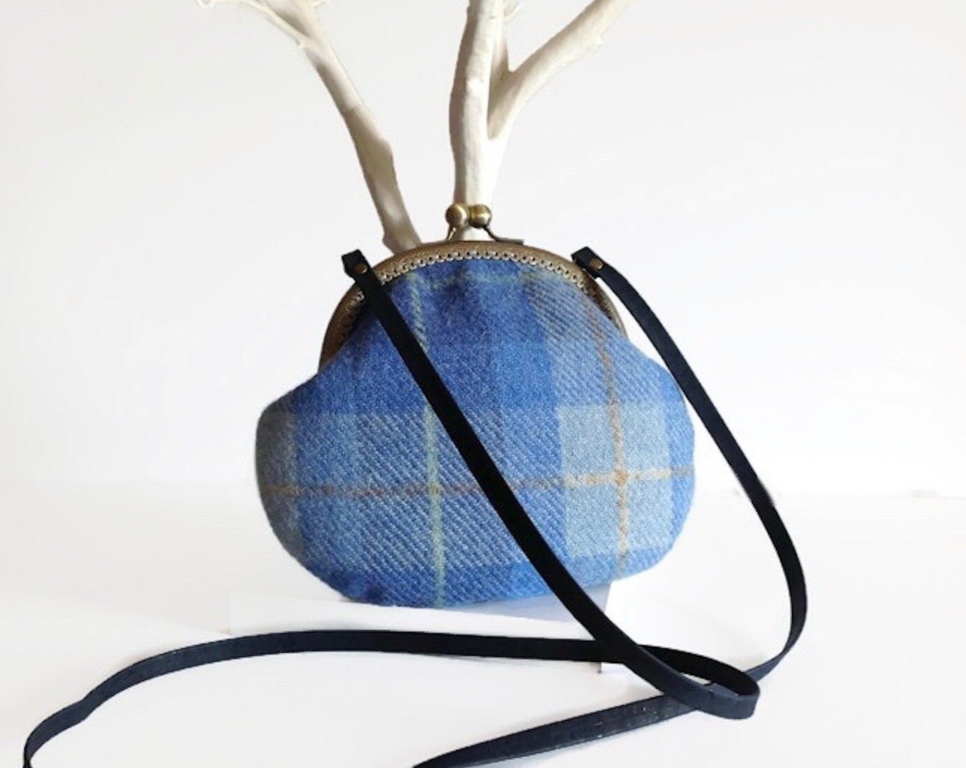 Blue Harris Tweed Crossbody Purse, Blue Tweed Bag With Cork Strap, Gift ...