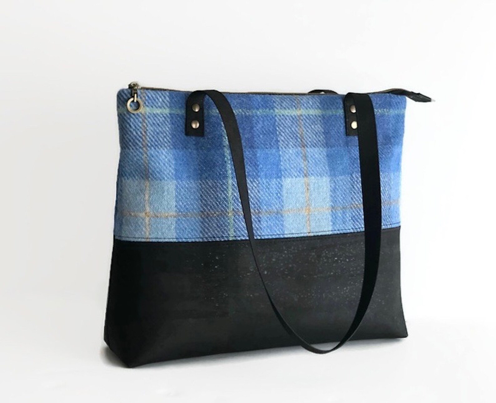 Blue Harris Tweed Bag Black Cork Bag Tartan Wool Shoulder | Etsy