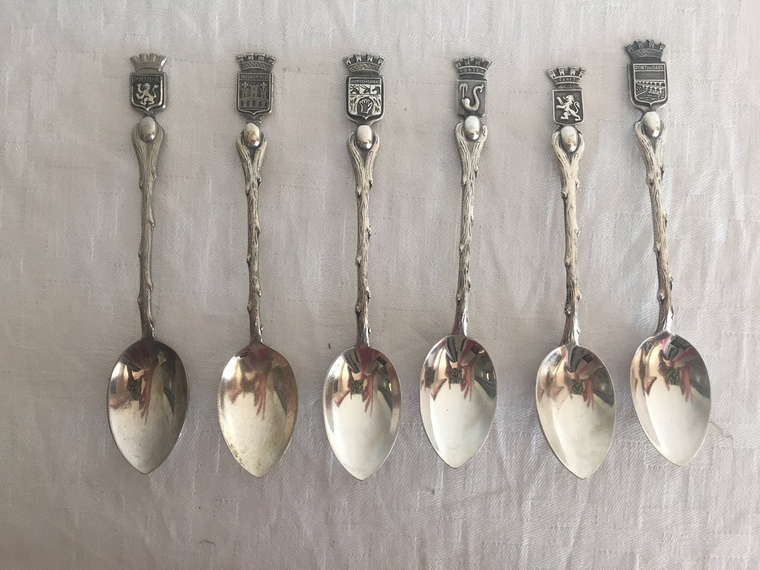 6 French Souvenir Spoons, Set of 6 Silvered Metal Coffee Spoons ...