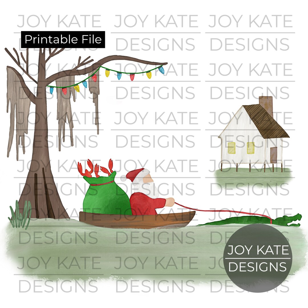 Cajun Santa in Swamp With Gator Watercolor Artwork PNG Printable ...