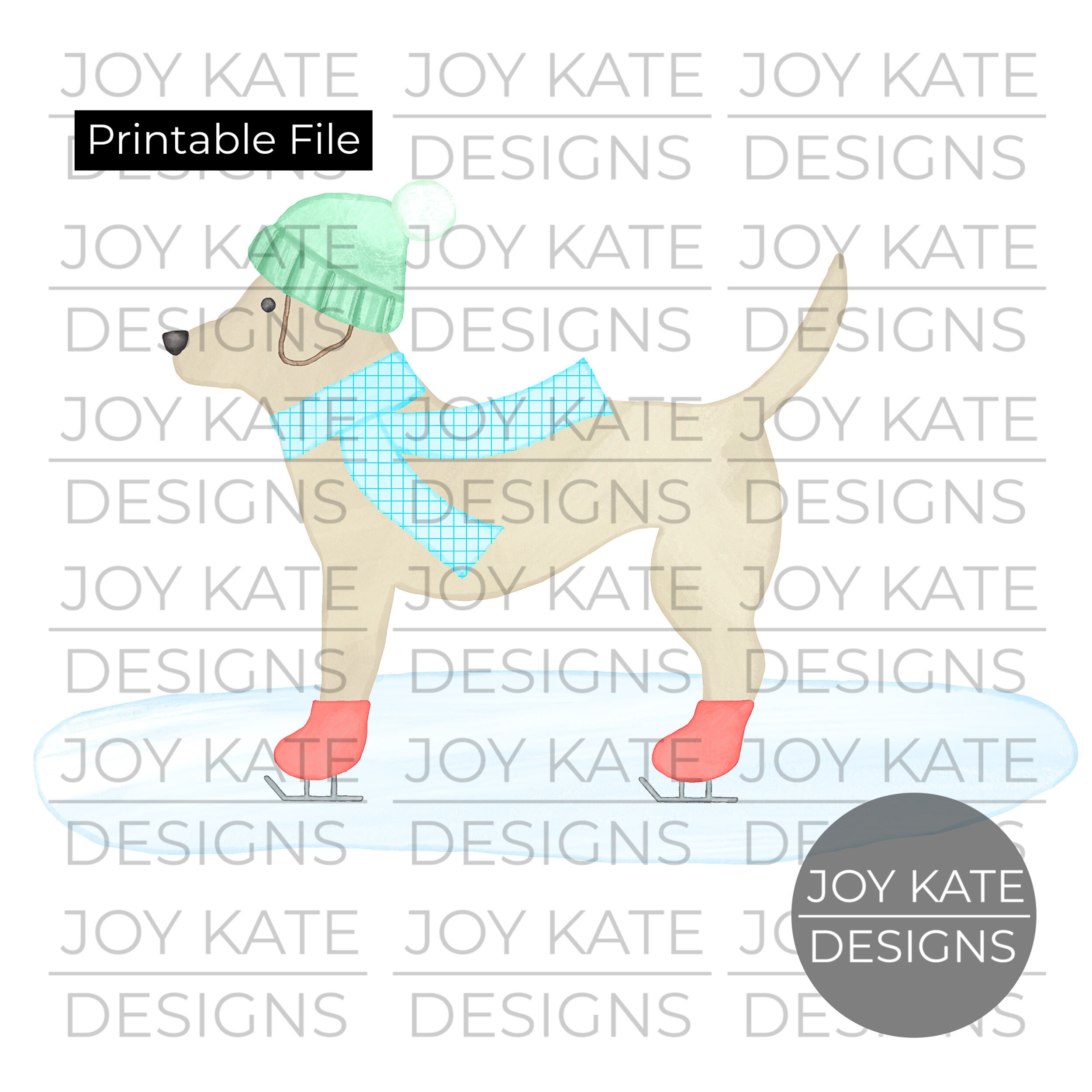 Winter Ice Skating Dog watercolor artwork PNG printable | Etsy