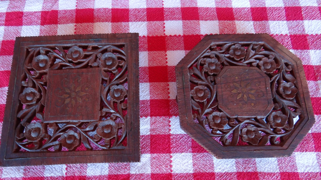 Pair of Vintage Carved Wooden Trivets From India - Metal Inlay in ...